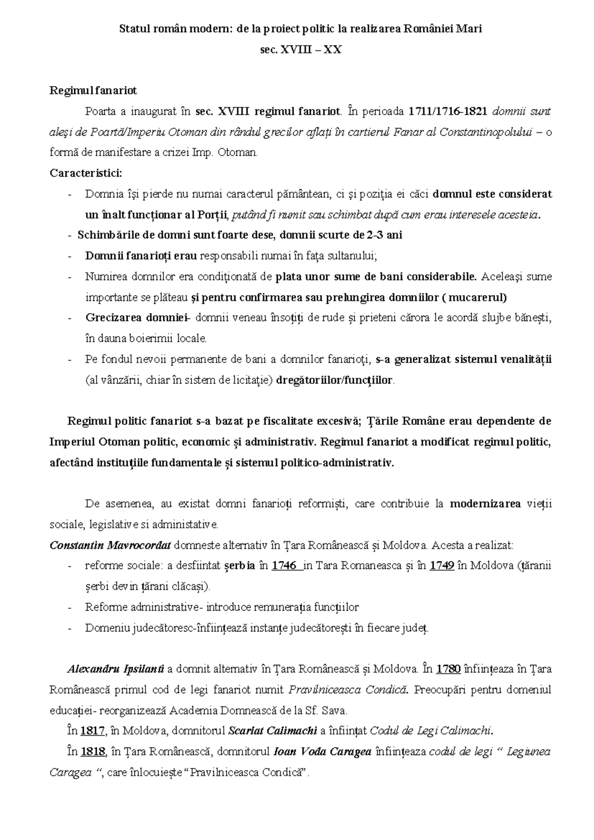 Statutul român modern: Regimul fanariot și Constituțiile (Sec. XX ...