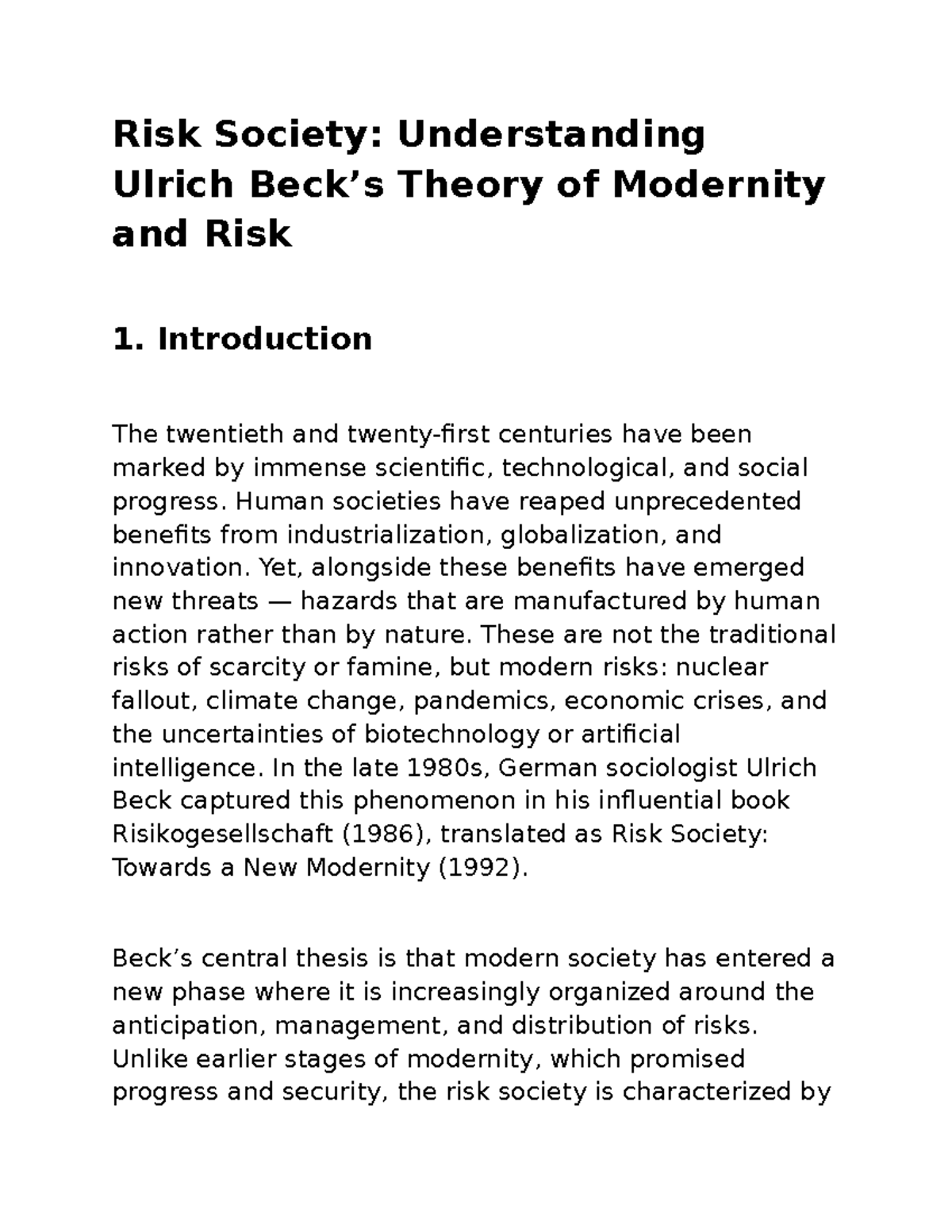 Risk Society: Insights from Ulrich Beck's Theory for Sociology 3 - Studocu