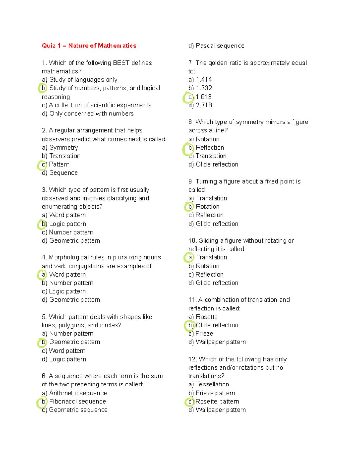 Quiz 1: Nature of Mathematics - Key Concepts and Answers [MMW] - Studocu