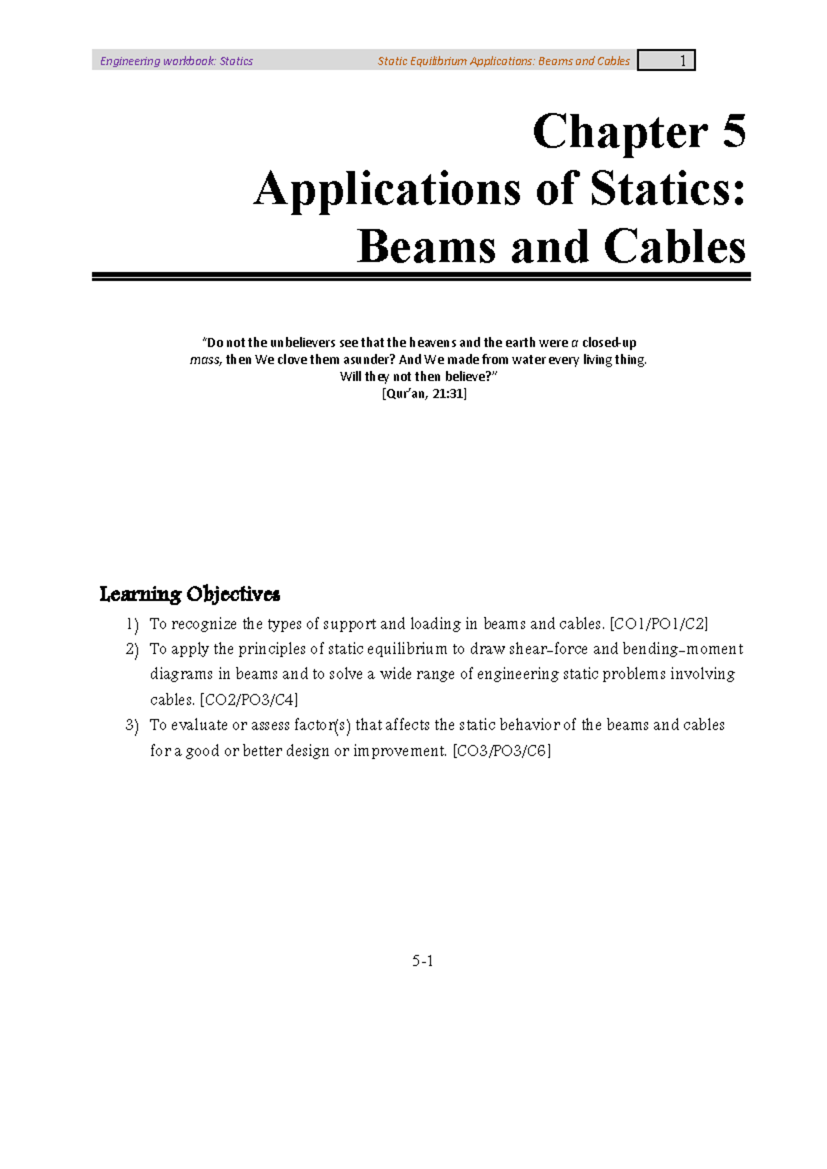 Engineering Workbook: Statics N1L - Chapter 5: Static Equilibrium in Beams and - Studocu