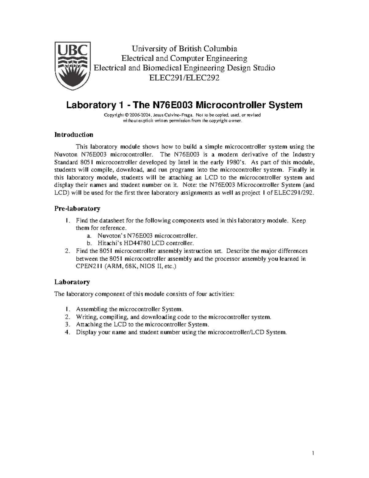 Lab 1: Building and Programming the N76E003 Microcontroller System ...