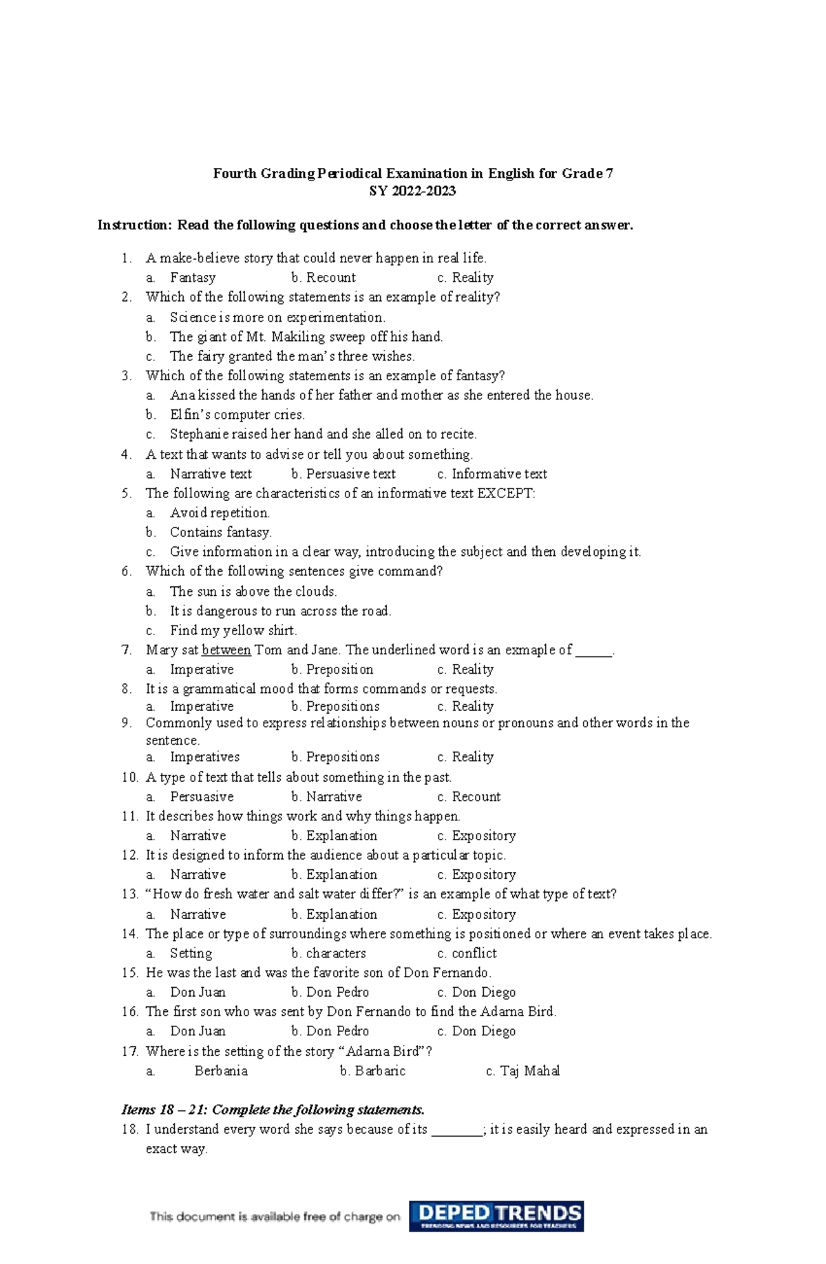 4Q-ENG-7-PT V2: Grade 7 Fourth Grading Period Exam Questions - Studocu