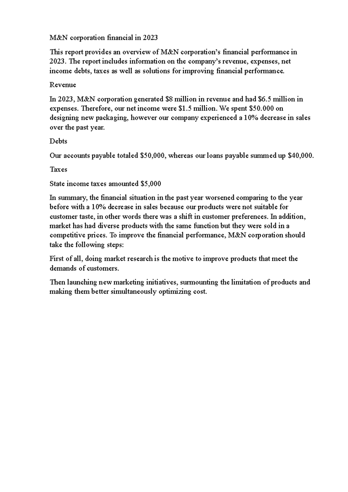 Task unit 1 - task 1 wrt unit 1 - M&N corporation financial in 2023 ...