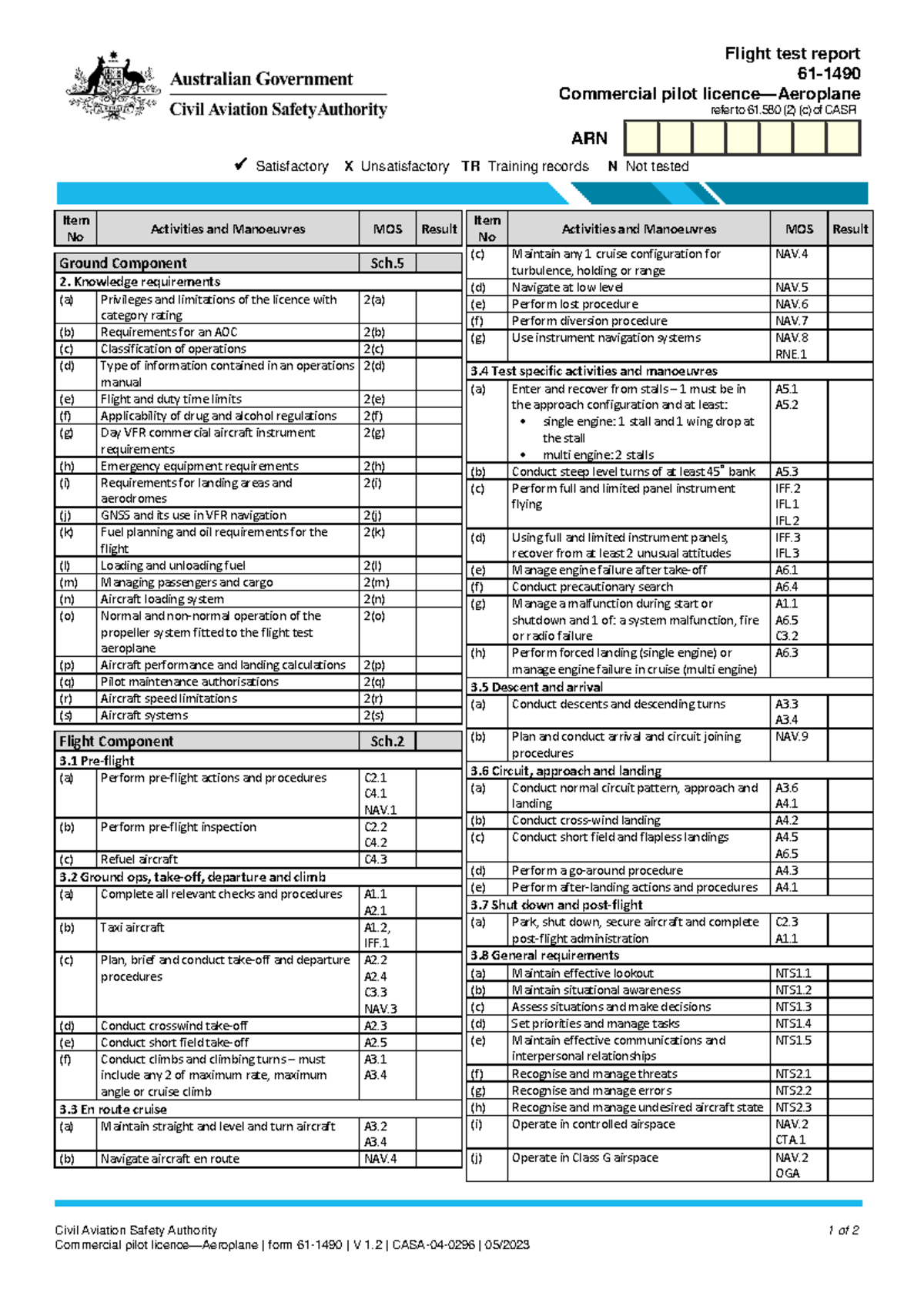 CPL Flight Test Checklist - Form 61-1490 Evaluation Guide - Studocu