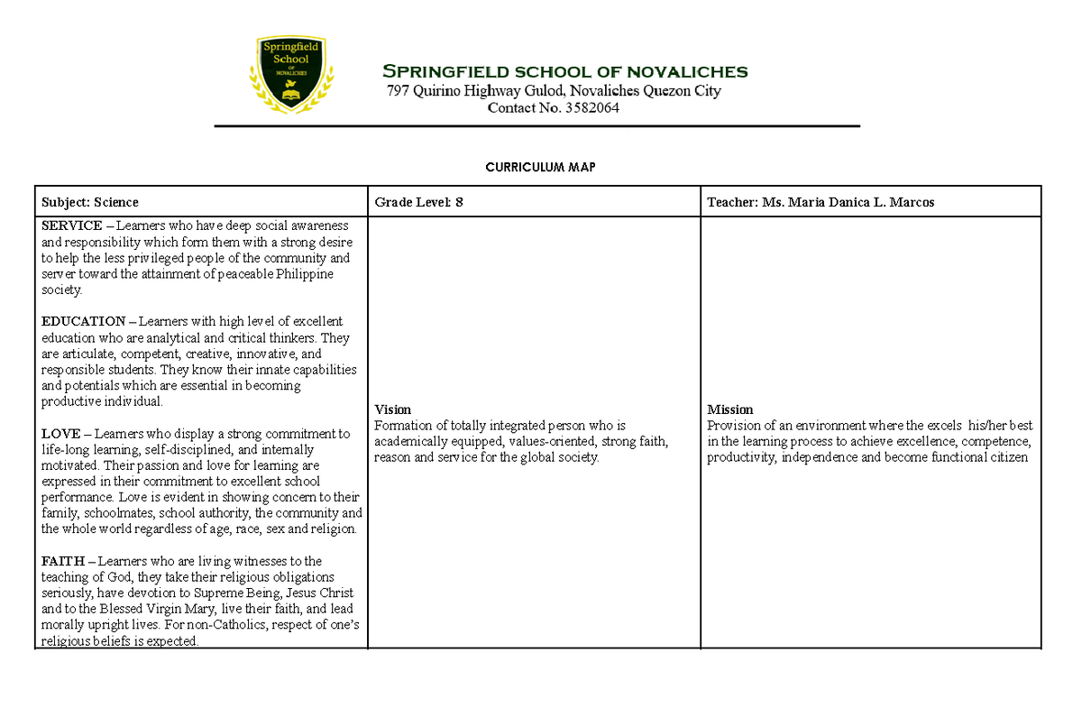 CM Grade 8 - Science Curriculum Map for Yearly Learning Goals - Studocu