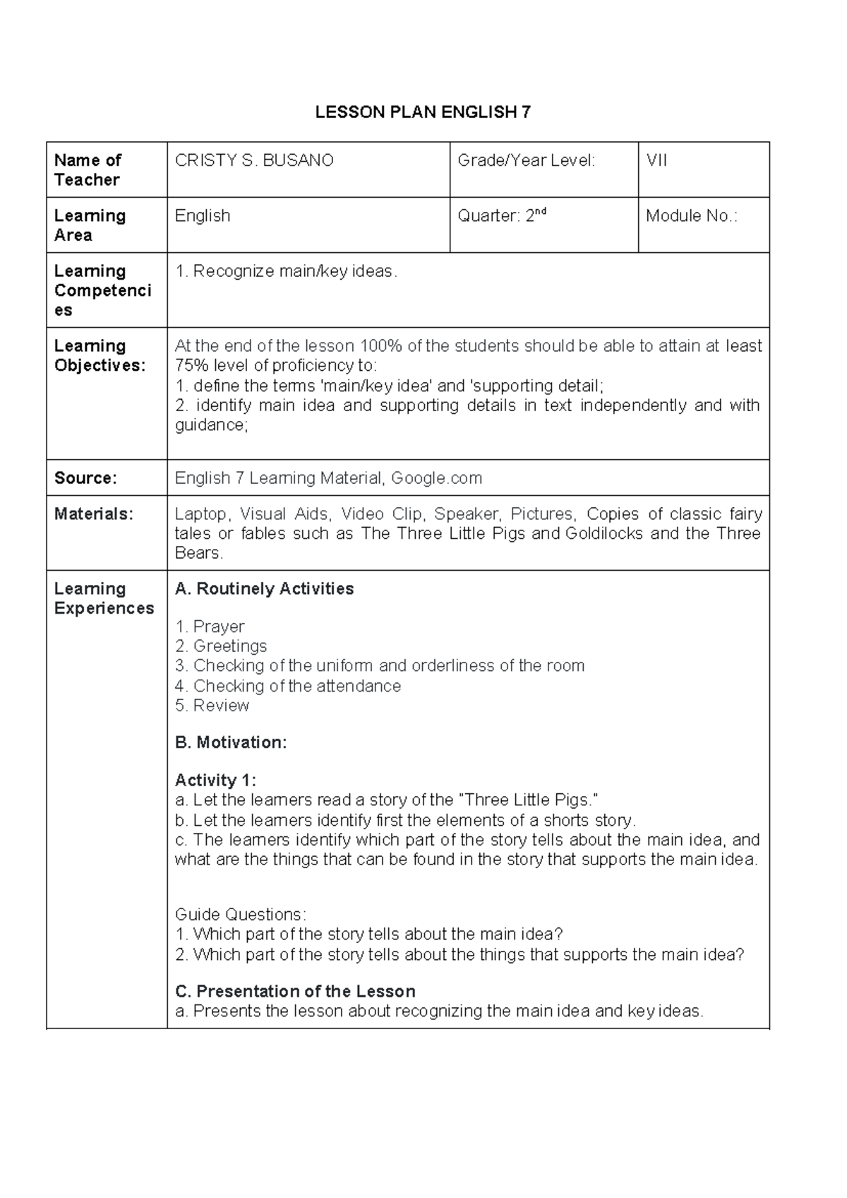 Lesson Plan for English 7: Identifying Main Ideas and Key Details - Studocu