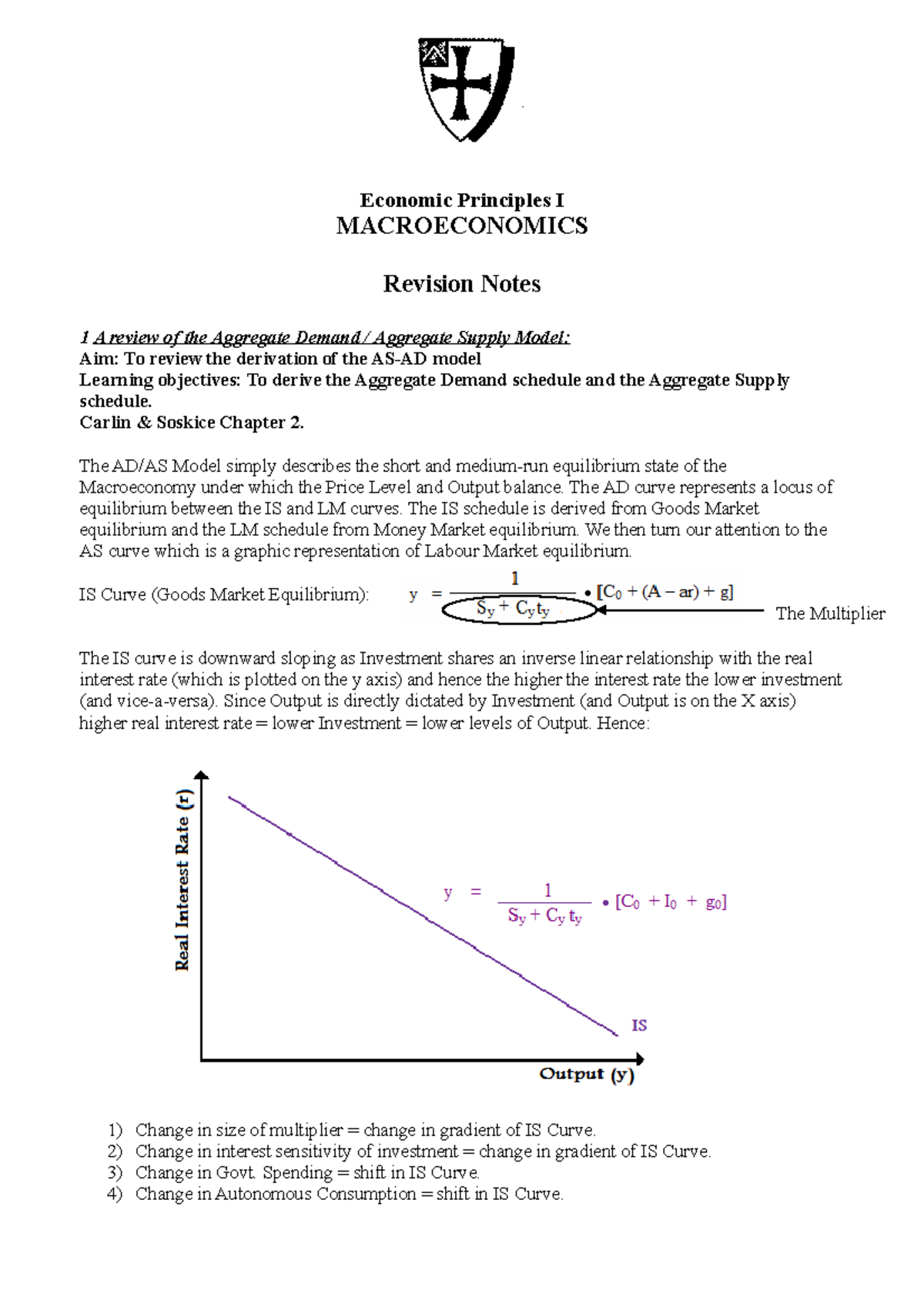 Macroeconomics Lecture Notes: Aggregate Demand & Supply Analysis - Studocu
