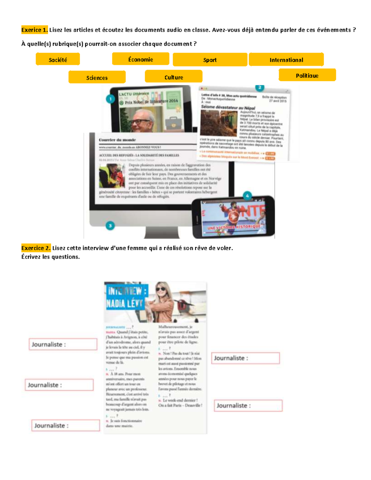 rubriques de presse - Lengua Francesa 3 - Exerice 1. Lisez les articles ...