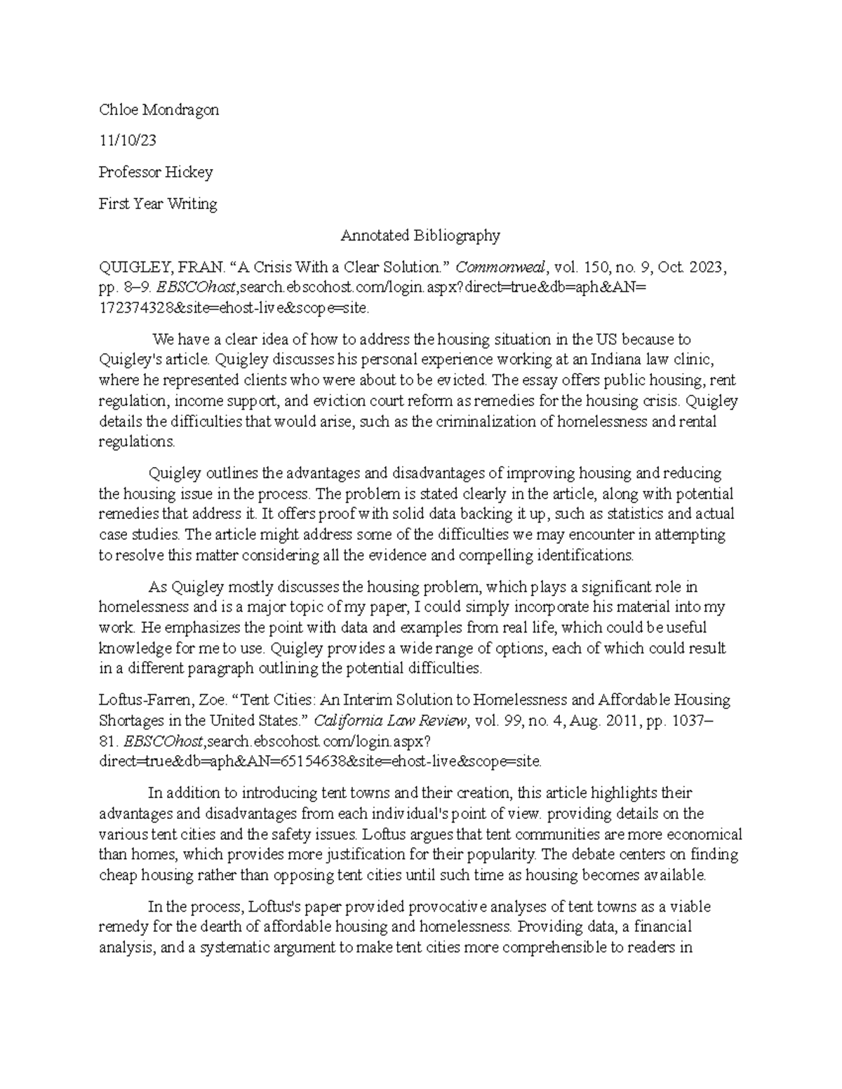 Annotated bibliography first year writing - Chloe Mondragon 11/10 ...