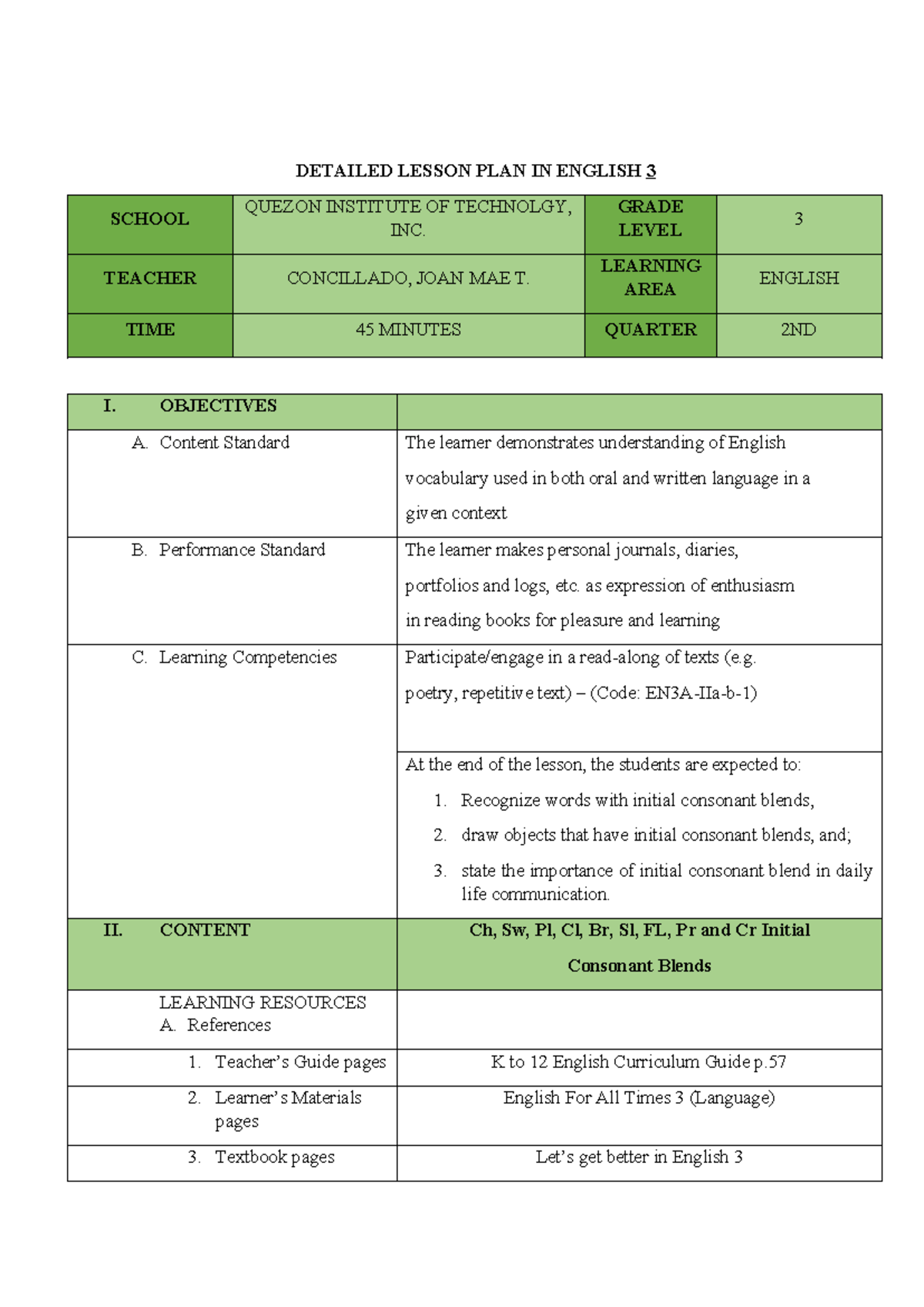Detailed Lesson Plan (DLP) for English 3: Initial Consonant Blends ...