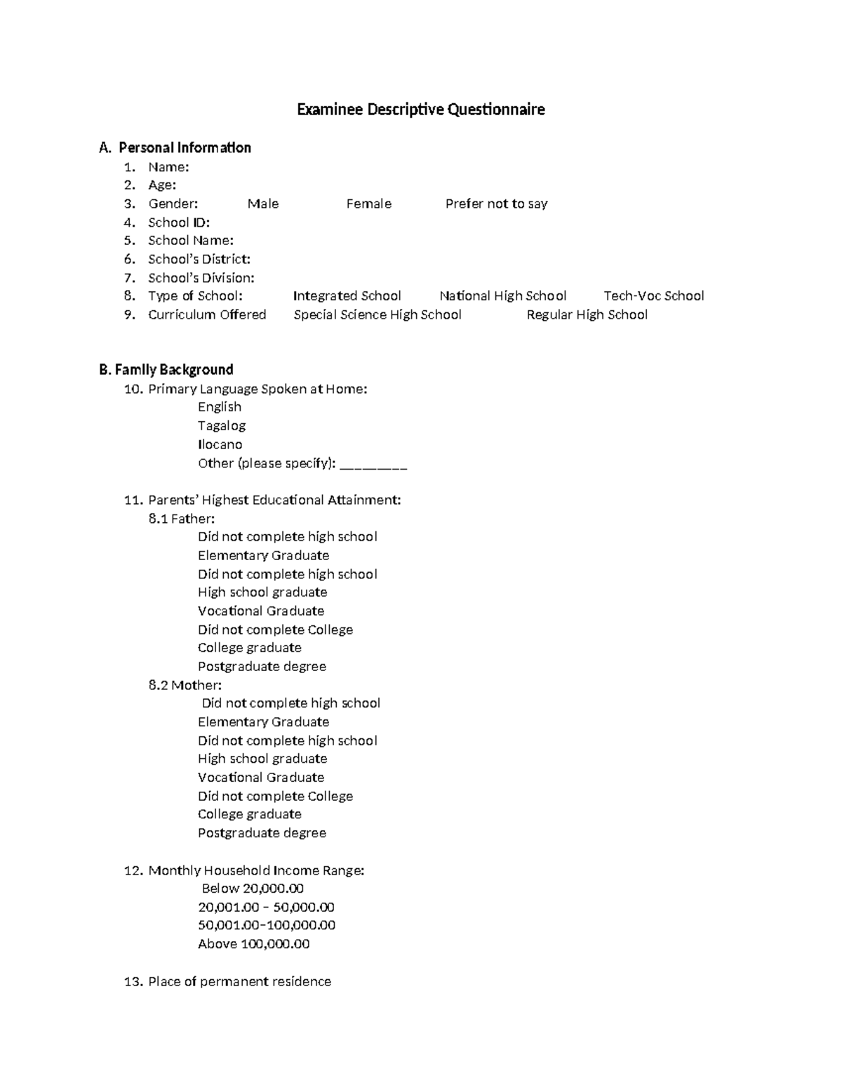 2024 - Just lecture notes - Examinee Descriptive Questionnaire A ...