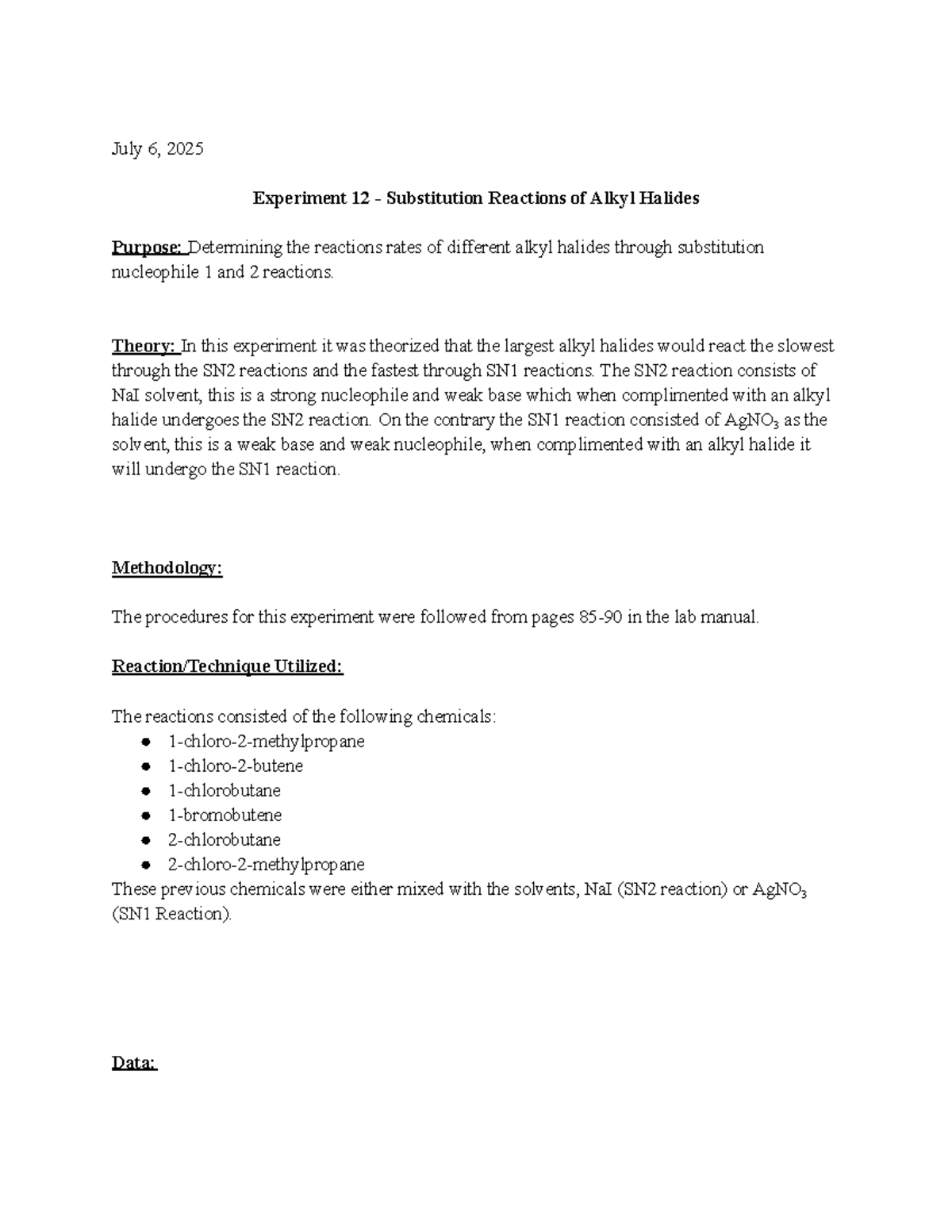 Experiment 12 Lab Report: Substitution Reactions of Alkyl Halides - Studocu