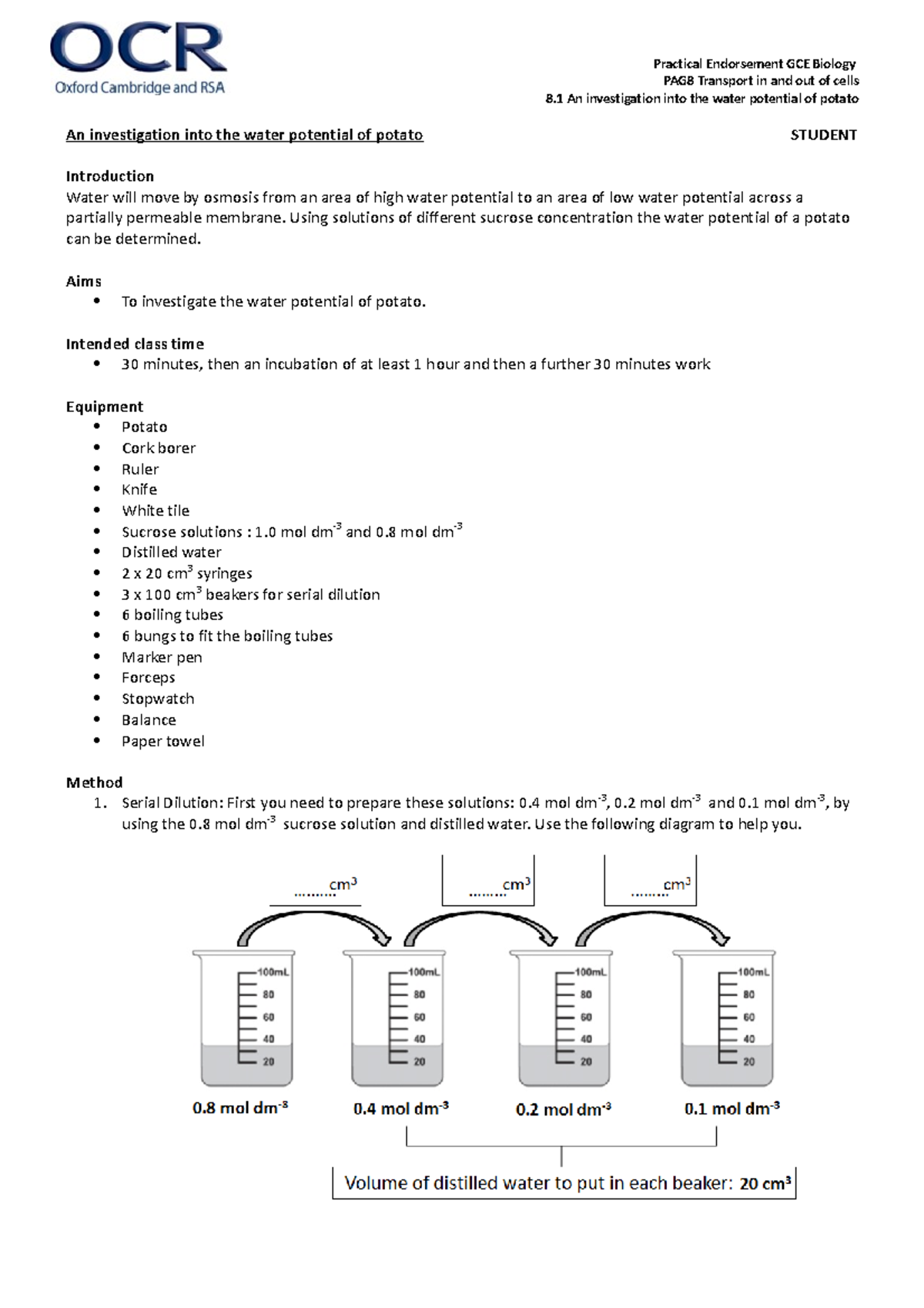 PAG8 Biology Practical: Investigating Water Potential in Potato - Studocu