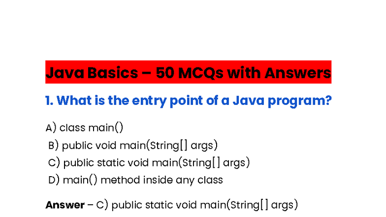Java Basics: 50 MCQs with Answers for Java1010 - Studocu