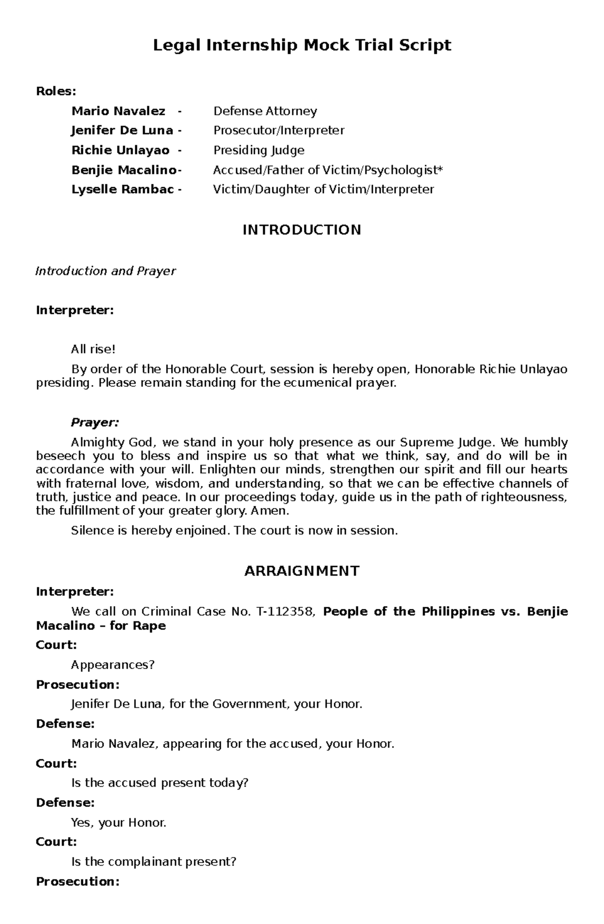 Legal Internship Mock Trial Script - Legal Internship Mock Trial Script ...
