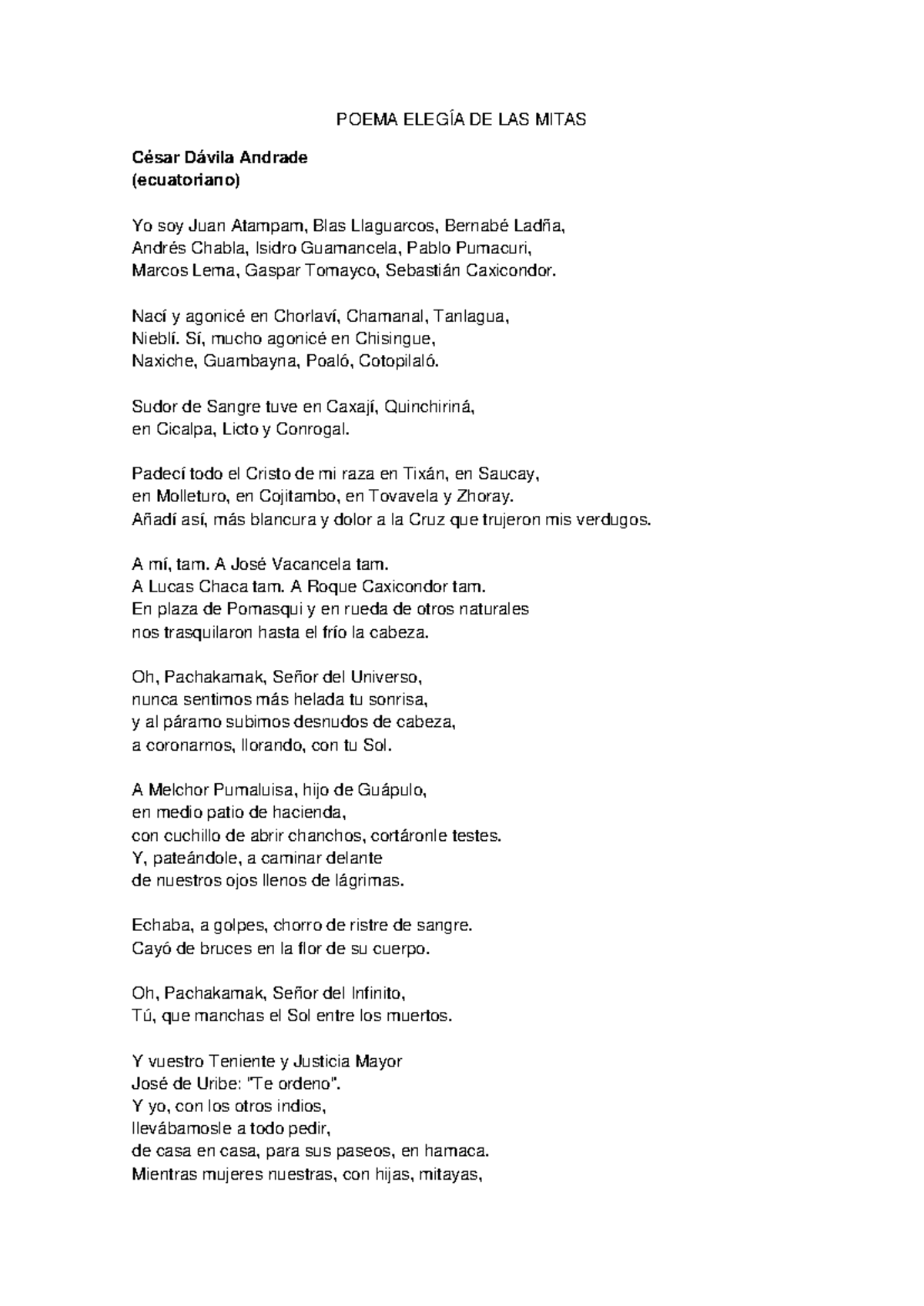 144275325 Poema Elegía a las Mitas de César Dávila Andrade - Studocu