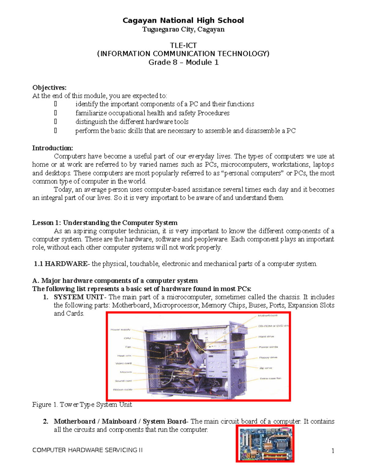 TLE-ICT Grade 8 Module 1: Understanding Computer Components & Safety ...