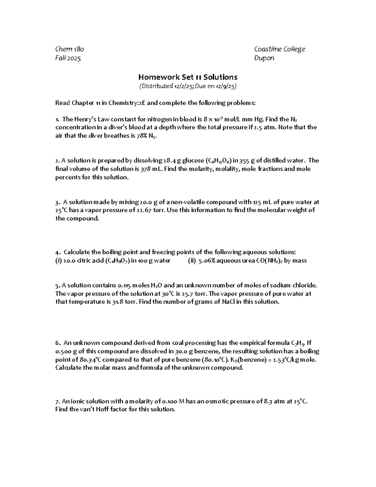 Chem 180 F25 Homework Set 11 Solutions and Problems - Studocu