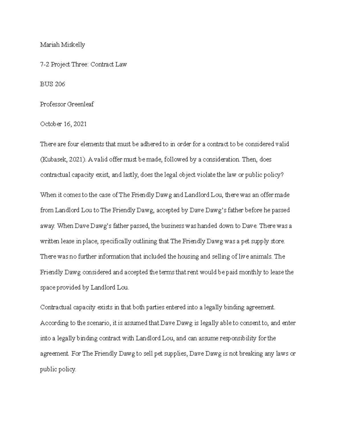 BUS 206 Project 3: Exploring Contract Law Elements and Cases - Studocu