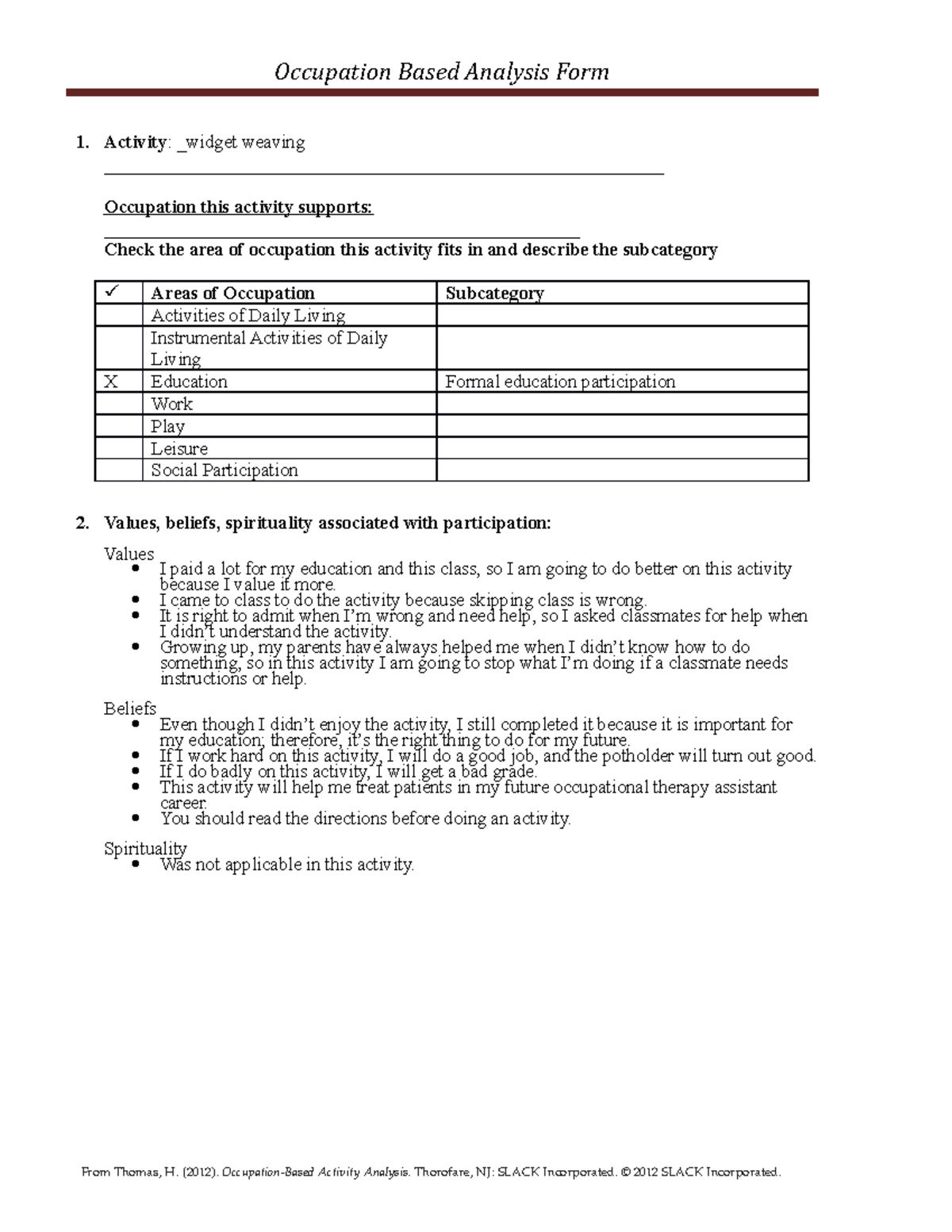 Activity Analysis Template Occupational Therapy Fanny Printable