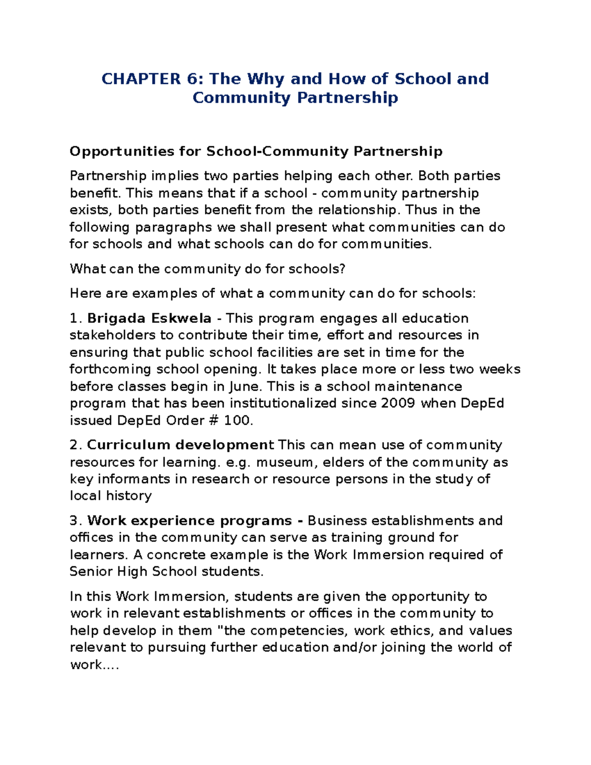 Chapter 6: Enhancing School-Community Partnerships: Benefits & Actions ...