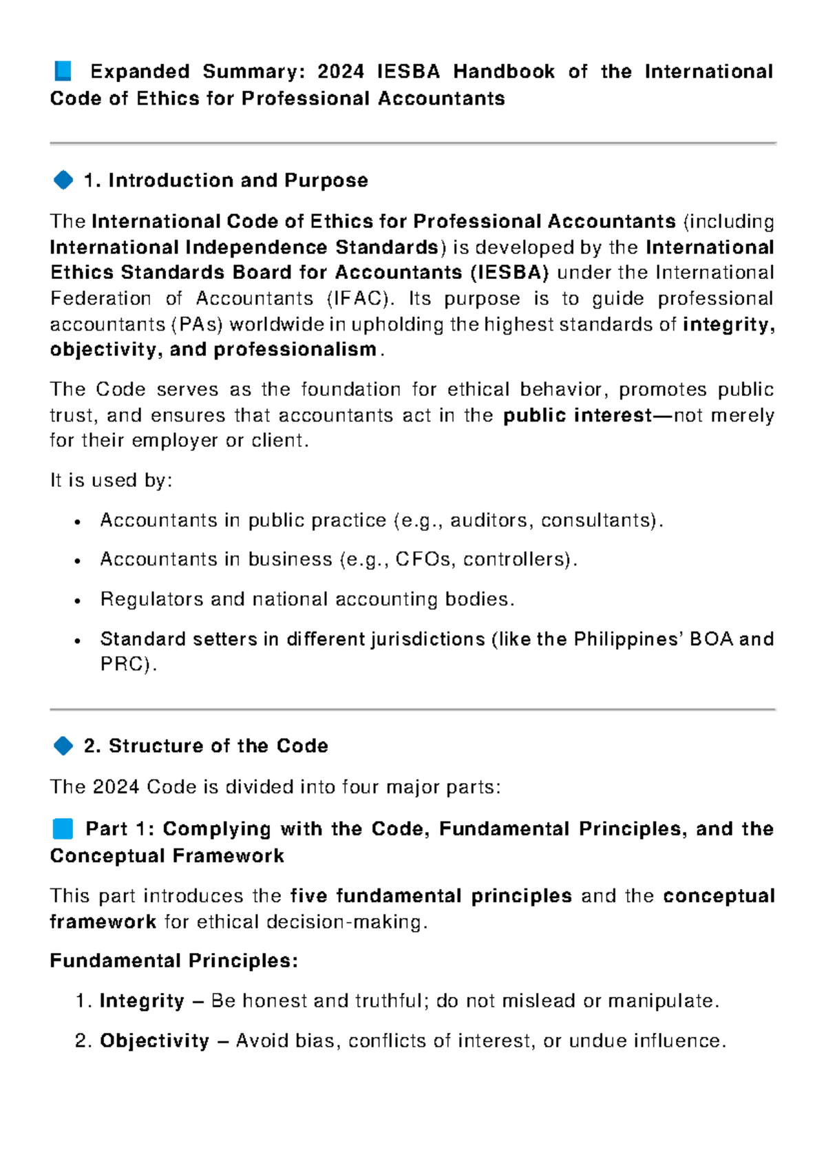 2024 IESBA Handbook: Expanded Summary of the Code of Ethics - Studocu