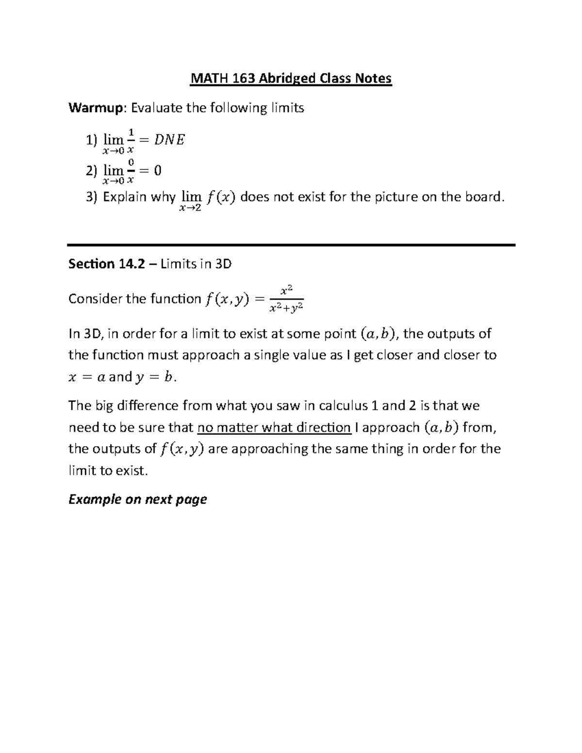 MATH 163: Abridged Class Notes on Evaluating Limits in 3D - Studocu