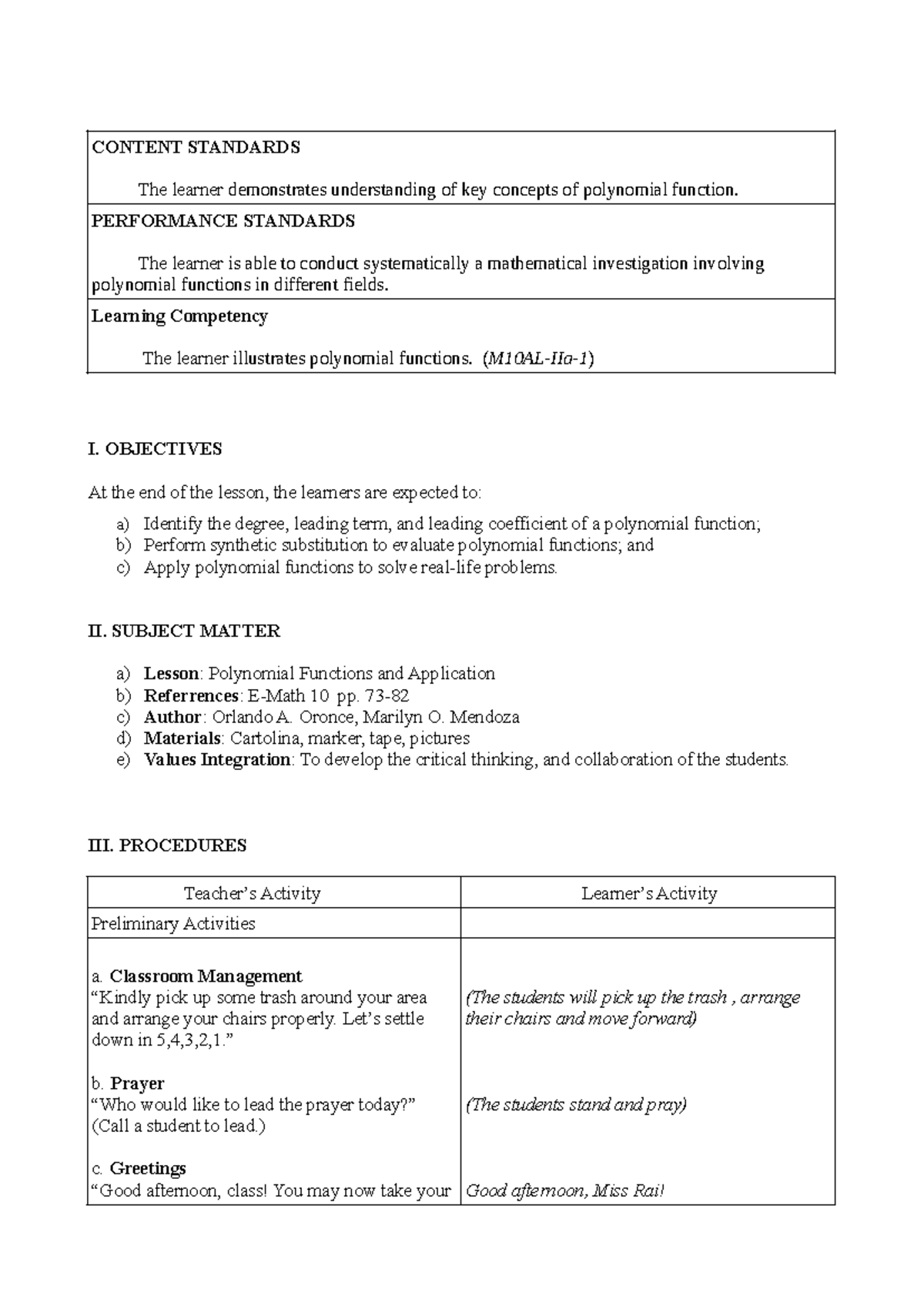 Polynomial Functions Lesson Plan and Activities - Studocu