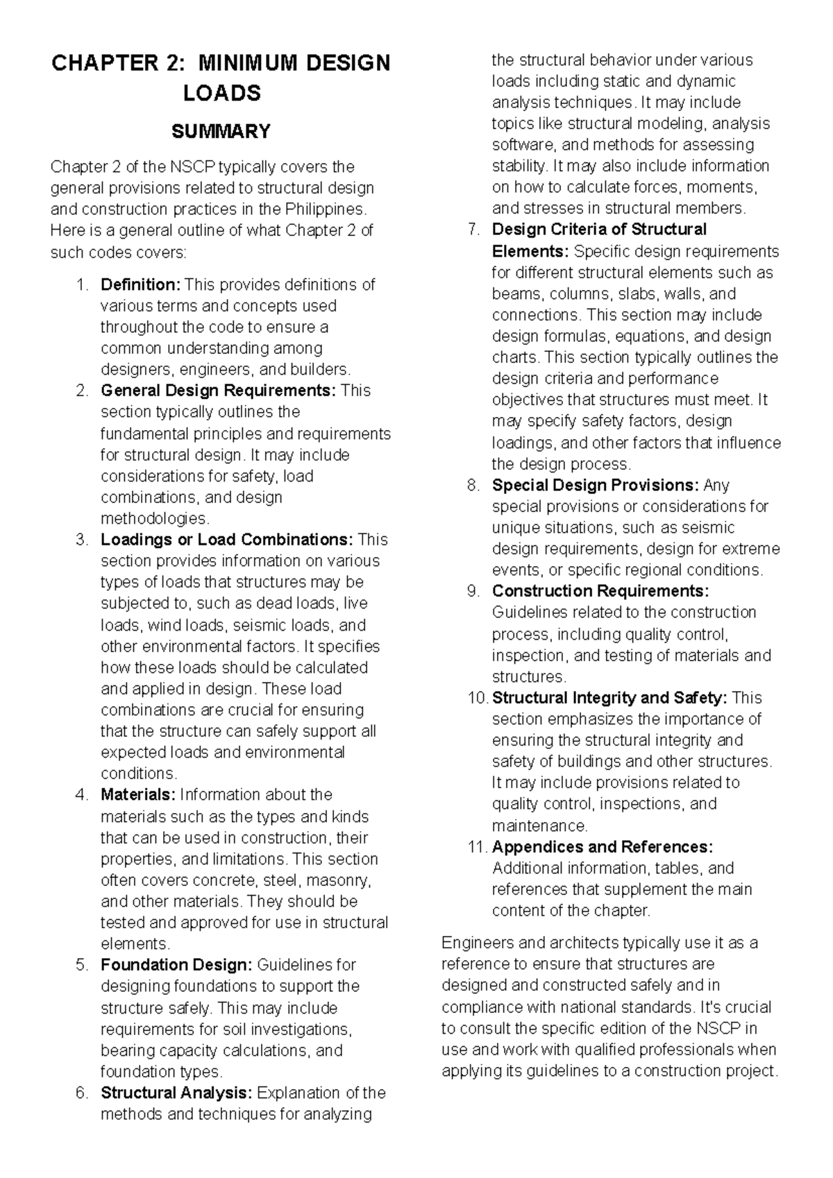 NSCP 2015 Chapter 2 Summary: Minimum Design Loads Explained - Studocu
