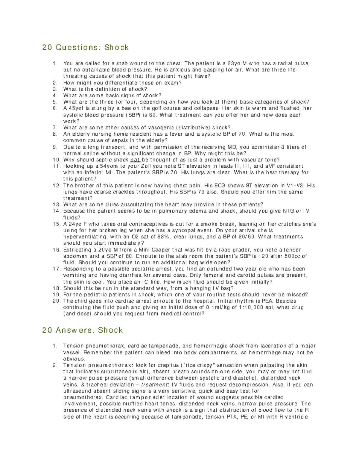 20 Essential Questions on Shock - Nursing (NUR202) - Studocu