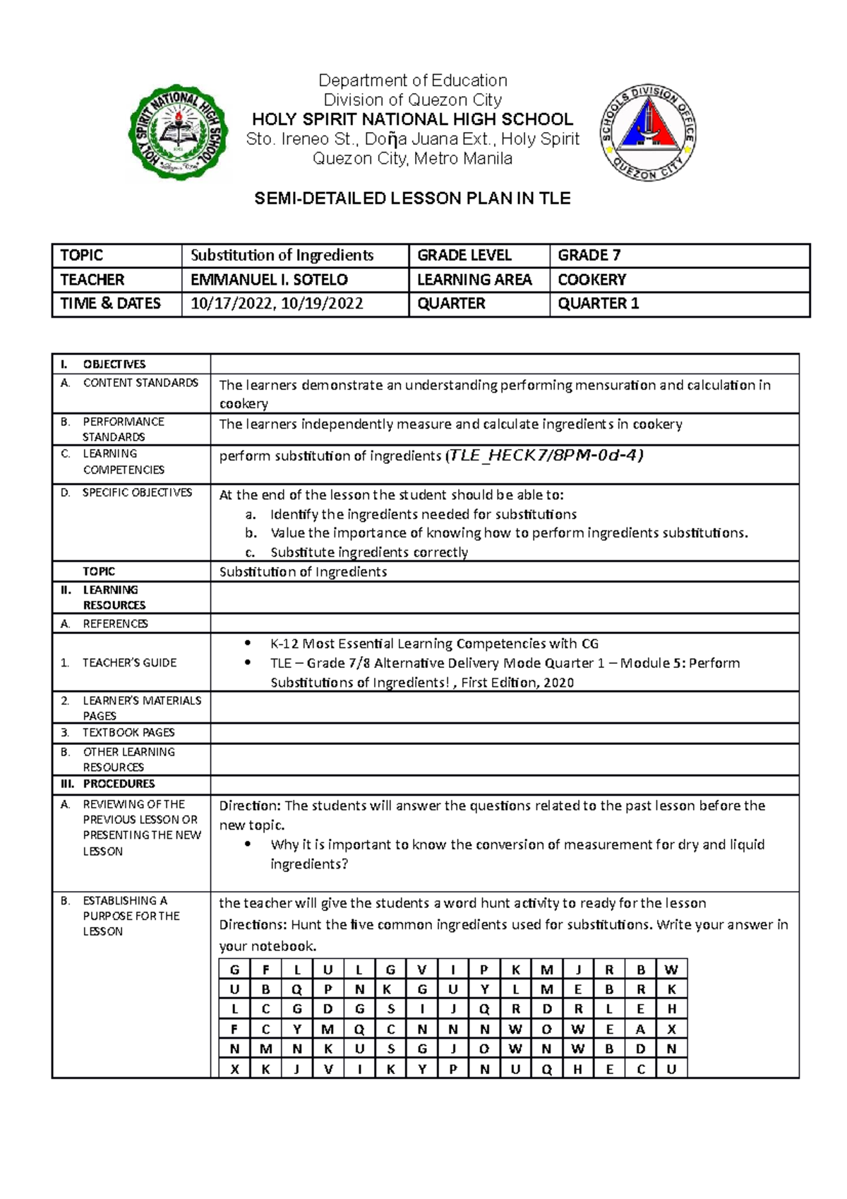 TLE 7 Semi-Detailed Lesson Plan: Substituting Ingredients in Cookery ...