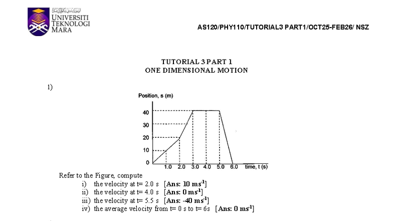 PHY110 Tutorial 3: One-Dimensional Motion Analysis - Studocu