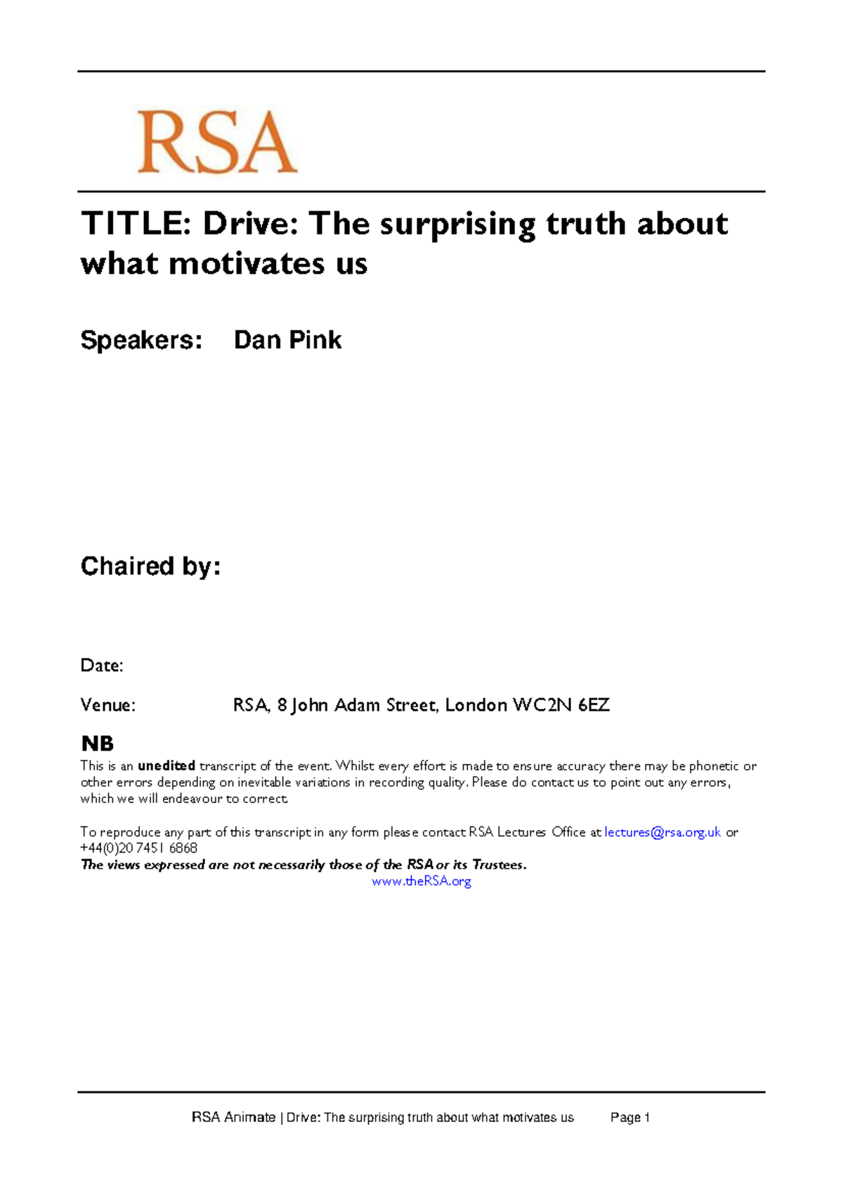 RSA Lecture: Dan Pink's Transcript on Motivation Insights - Studocu