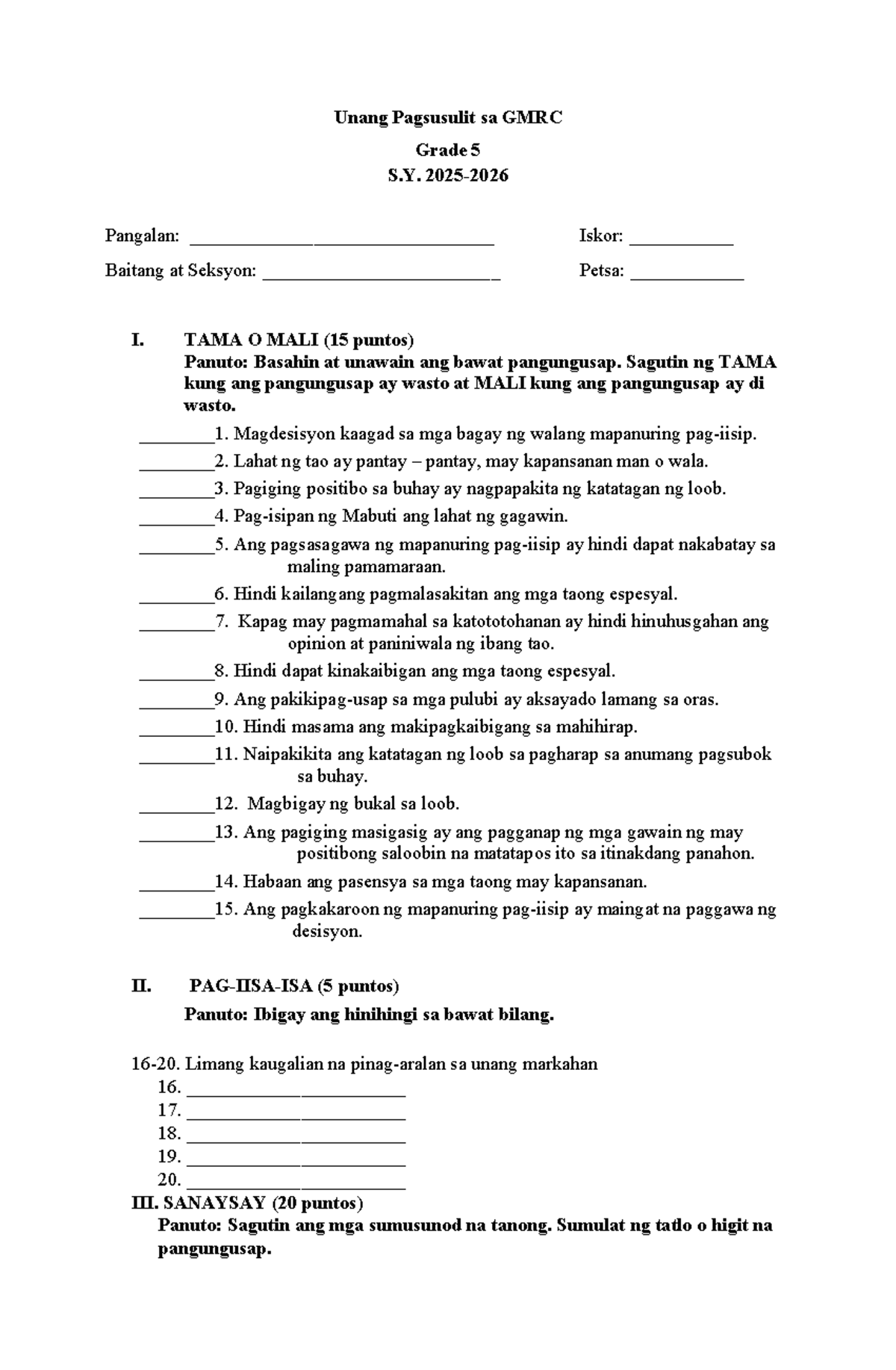 GMRC Grade 5 Unang Pagsusulit: First Quarter Exam - Studocu