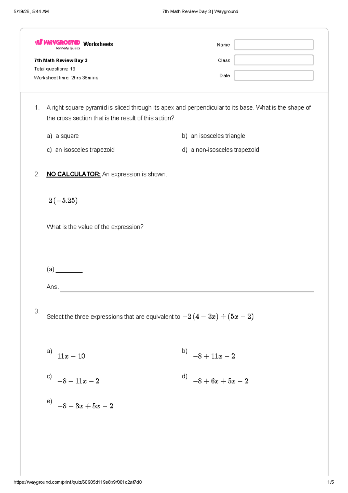 7th Math Review Day 3 Worksheets and Solutions - Studocu