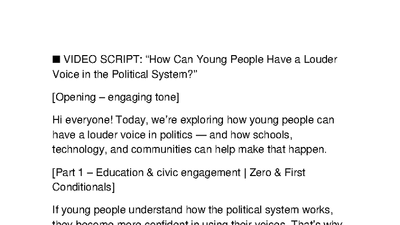 VIDEO SCRIPT: Young Voices in Politics and Civic Engagement - Studocu