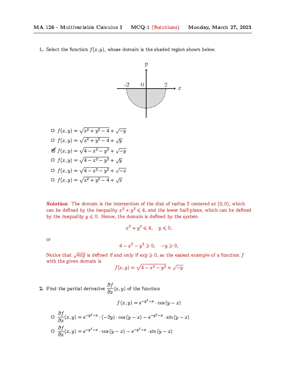 MA 126 - Multivariable Calculus I MCQ-1 Solutions & Weekly Quizzes - Studocu