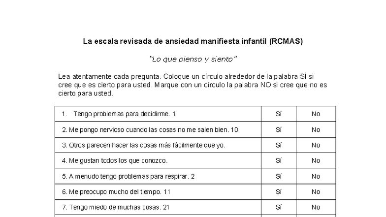 RCMAS: Escala Revisada de Ansiedad Manifiesta Infantil - Studocu