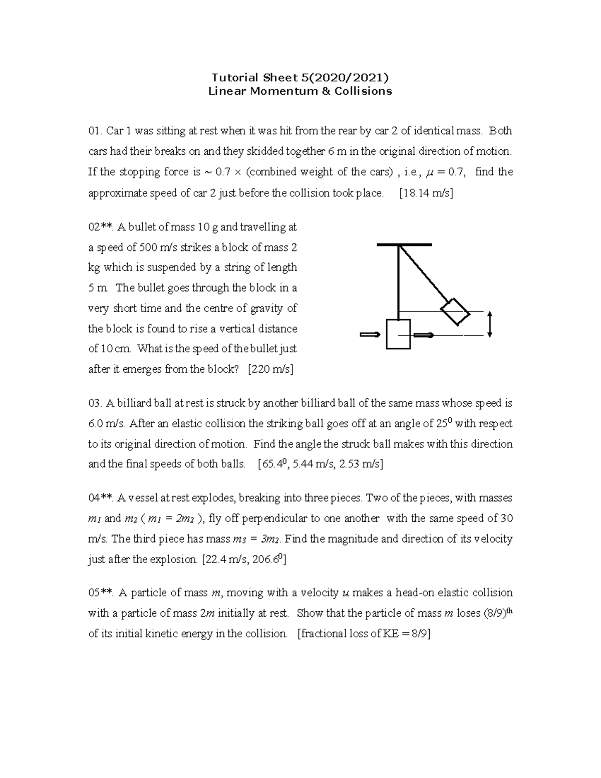PHY 1010 Tut-05-Linear Momentum 2021 S - Tutorial Sheet 5(2020/2021 ...