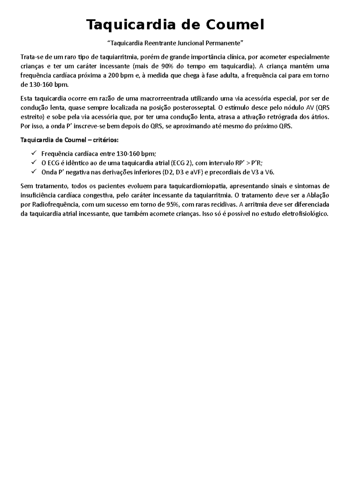 Taquicardia de Coumel: Características e Tratamento Clínico - Studocu