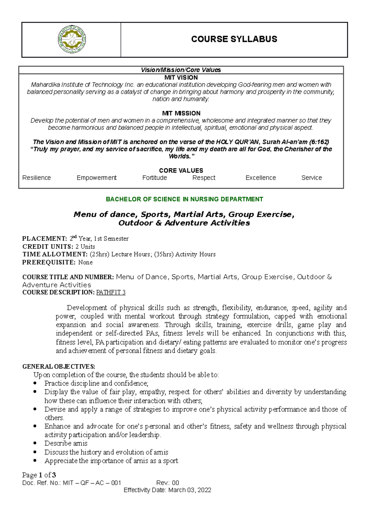 Pathfit 103 100145 - Syllabus for Dance, Sports, and Martial Arts - Studocu