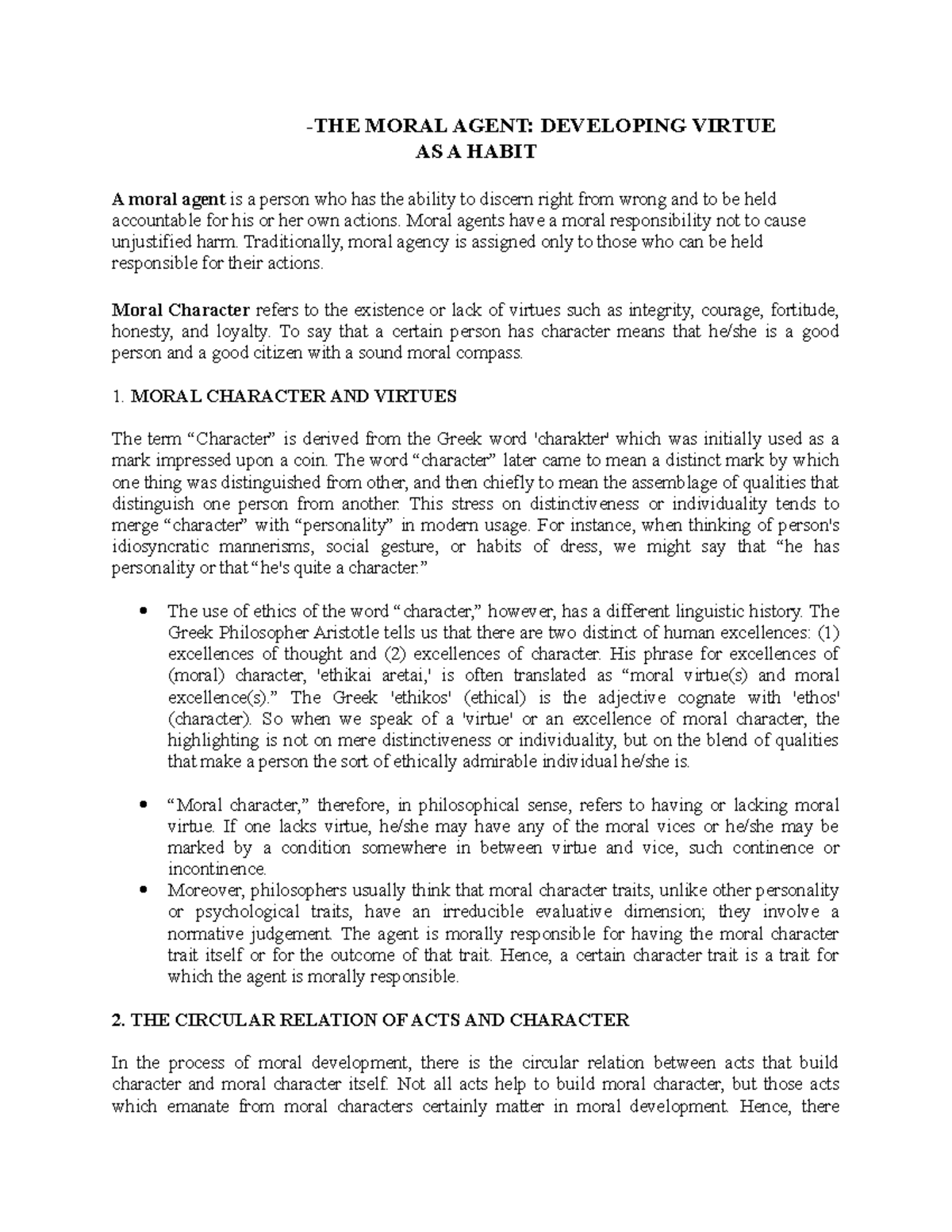 Ethics UNIT 1 - Topic B: Understanding Moral Character and Virtues ...