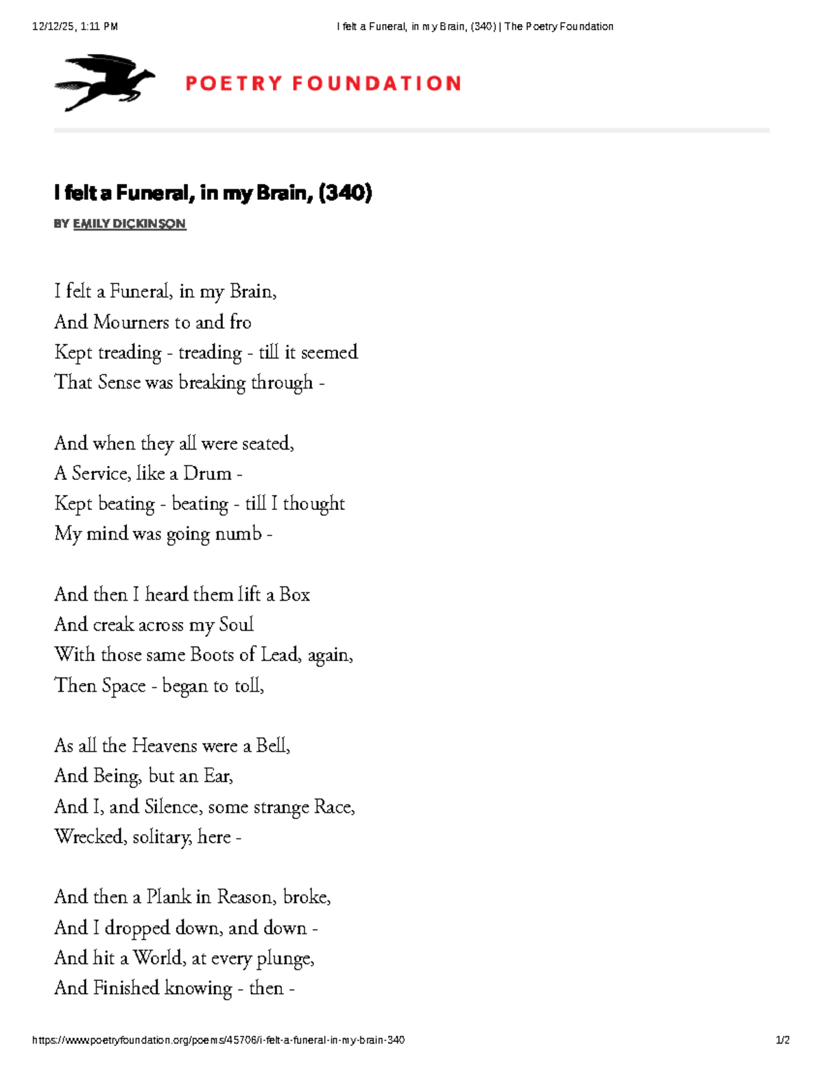 Analysis of "I felt a Funeral, in my Brain" by Emily Dickinson (340 ...
