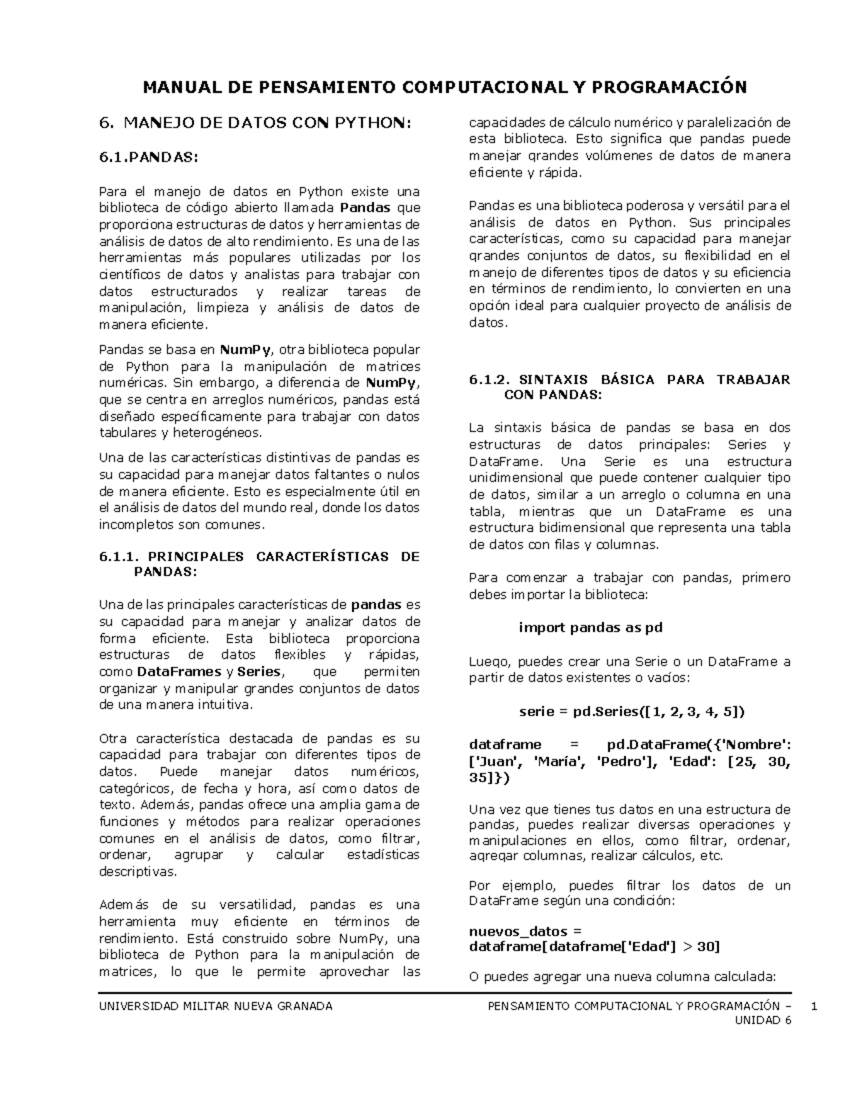 Unidad 6 - Manejo de Datos con Python - UNIVERSIDAD MILITAR NUEVA ...