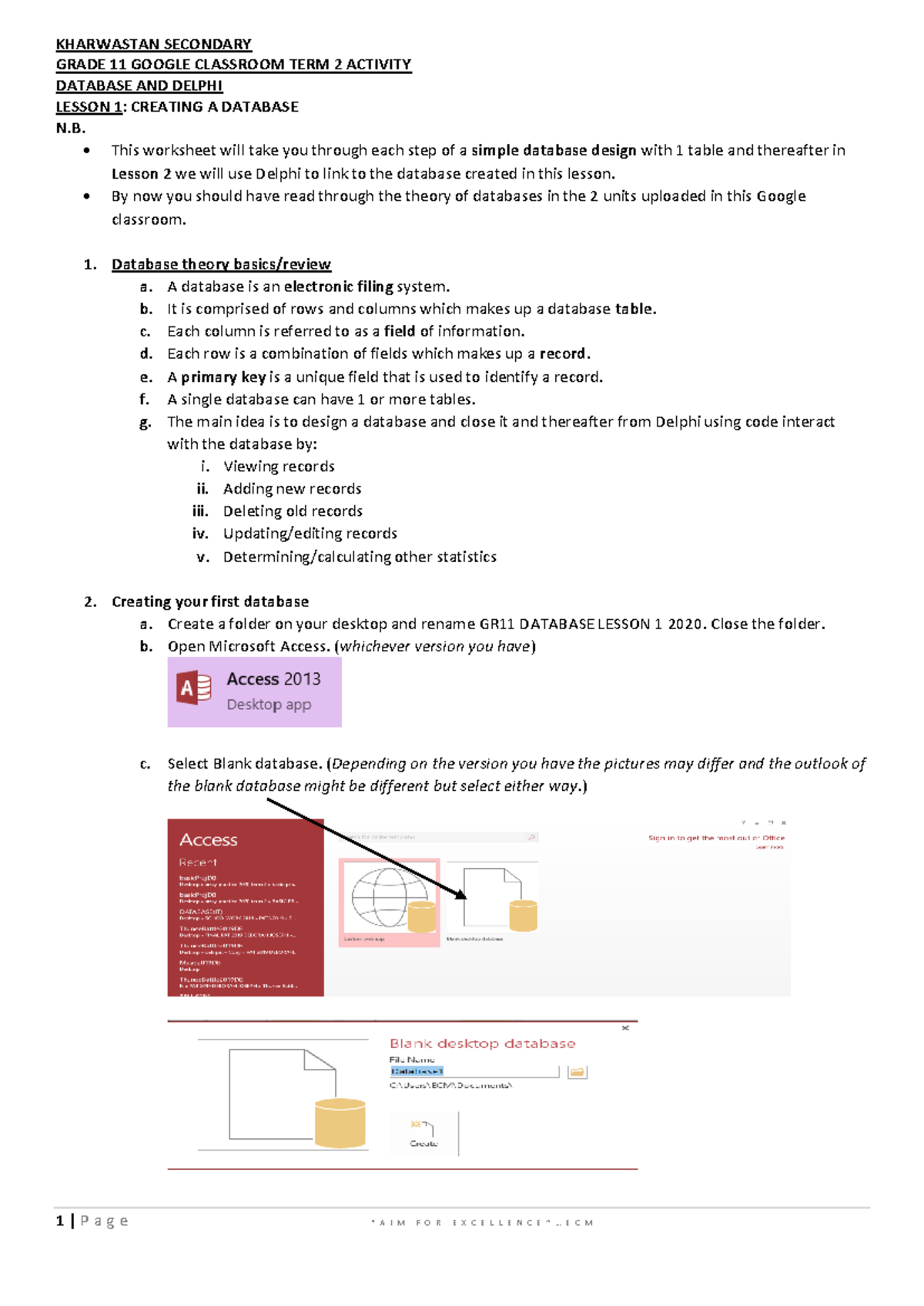 Grade 11 DB Lesson 1: Intro to Database Design & Creation - Studocu