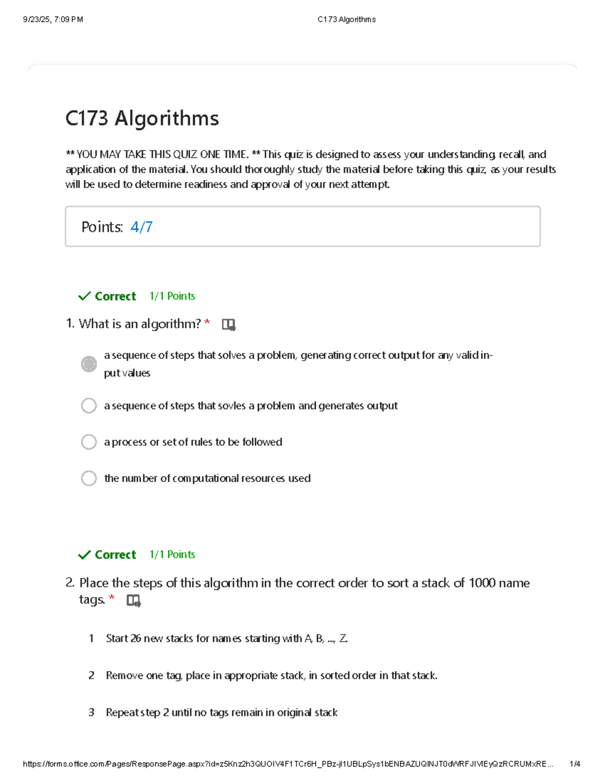 C173 Algorithms - Quiz on Algorithm Concepts and Efficiency - Studocu