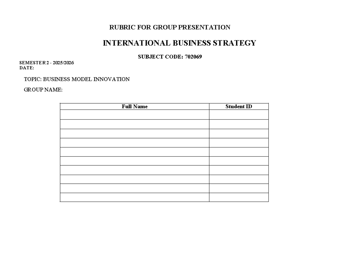 RUBRIC FOR GROUP PRESENTATION: INTERNATIONAL BUSINESS STRATEGY (702069 ...