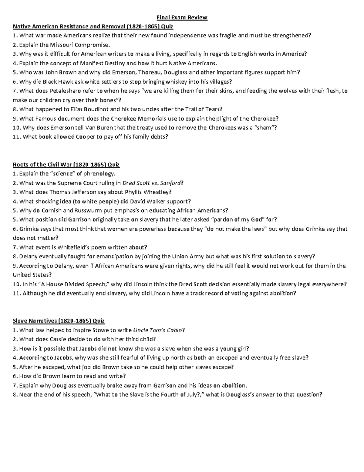 Final Exam Review: Quizzes on Native American Resistance & Women's ...