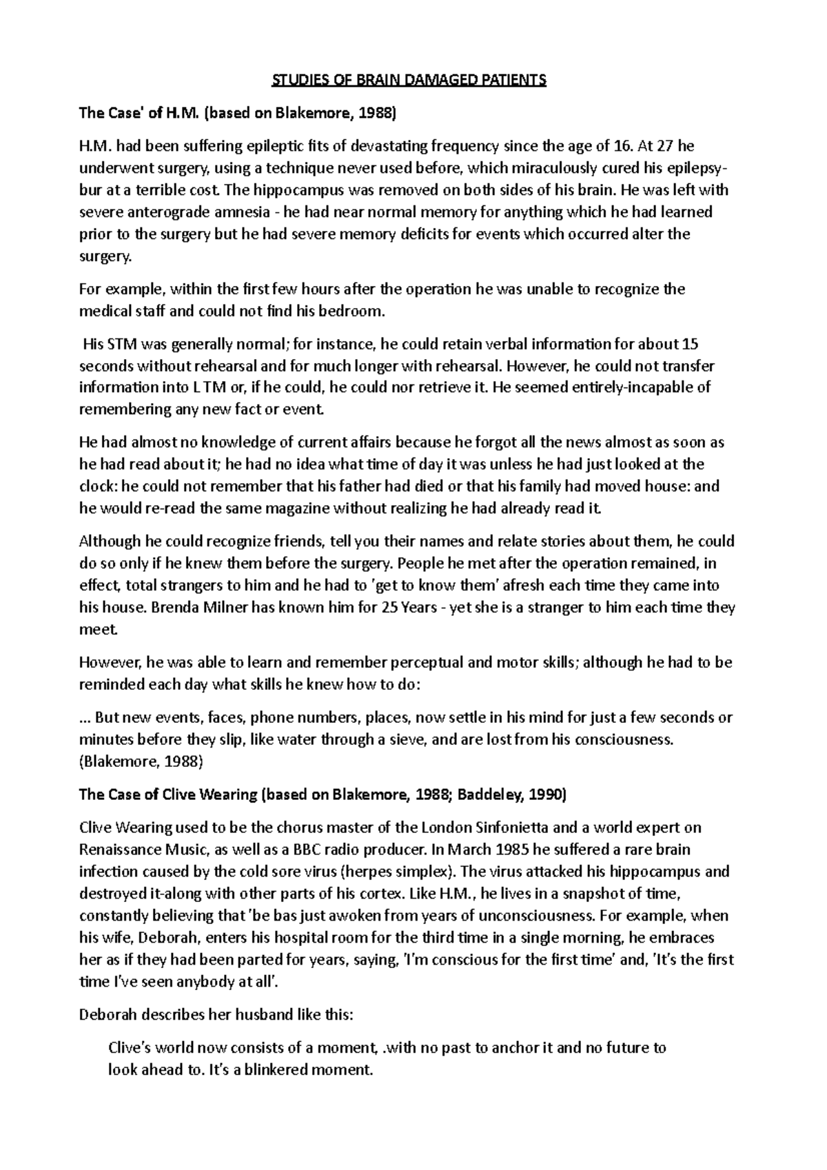 Case studies HM and Clive Wearing - STUDIES OF BRAIN DAMAGED PATIENTS ...