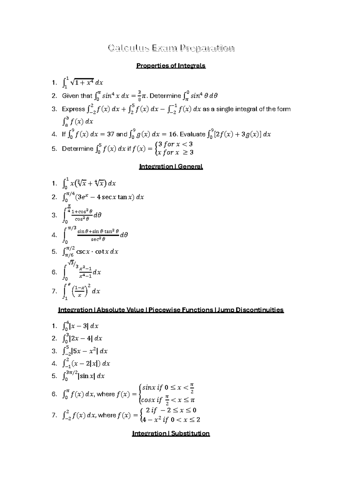 Calculus Exam Preparation: Properties of Integrals and Techniques - Studocu